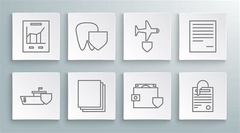 세트 라인 방패 치아 깨끗한 종이 지갑 및 돈 파일 문서 클립 평면 문서 및 그래프 차트 아이콘과 함께 배송 벡터 건강 검진에 대한 스톡 벡터 아트 및 기타 이미지 Istock