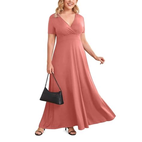 Poseshe Women Plus Size V Neck Short Sleeve Evening Dress Elegant