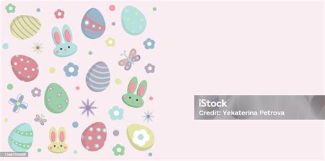 달걀 토끼 꽃과 행복 부활절 배너 디자인에 대한 부활절 요소 세트 인사말 카드 포스터 초대장 디지털 프로젝트의 경우 공간을 복사합니다 4월에 대한 스톡 벡터 아트 및 기타