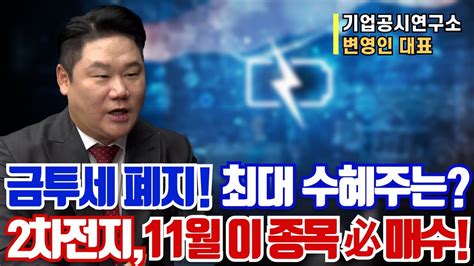 금투세 폐지 최대 수혜주는 이 종목이다ㅣ2차전지 11월 이 종목 매수하라ㅣ변영인 대표ㅣ예민수의 경제talk Youtube