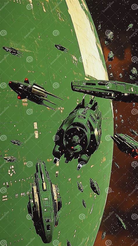 Fleet Of Alien Spacecraft Launching From A Massive Space Station Stock