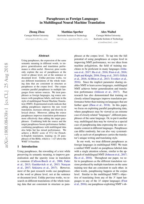 Pdf Paraphrases As Foreign Languages In Multilingual Neural Machine Translation