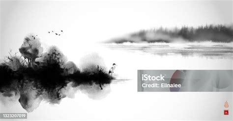 숲 나무안개 섬 전통적인 동양 잉크 페인팅 스미e U죄 고화 상형 문자 영원 종이에 대한 스톡 벡터 아트 및 기타 이미지 종이 물 나무 Istock