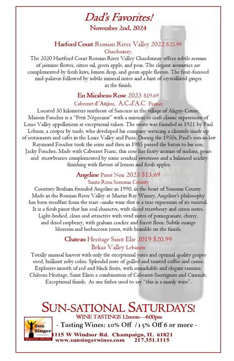 Sun Sational Wine Tasting November 2nd — Sun Singer Restaurant