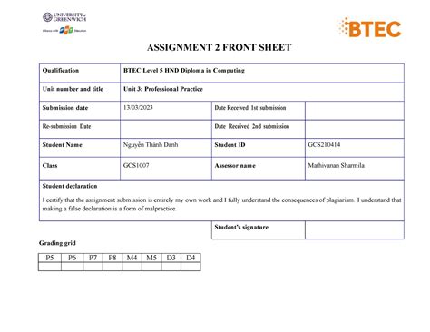 Assignment 2 Nguyễn Thành Danh Assignment 2 Front Sheet Qualification