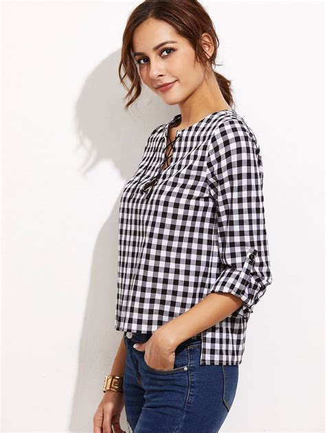 Black Gingham Lace Up V Neck High Low Blouse Sheinsheinside