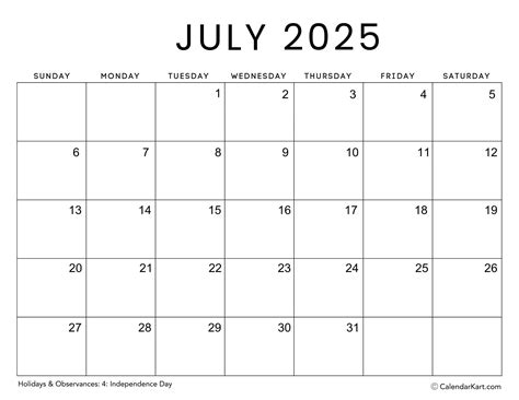 Free Printable Scheduling Calendar July 2025
