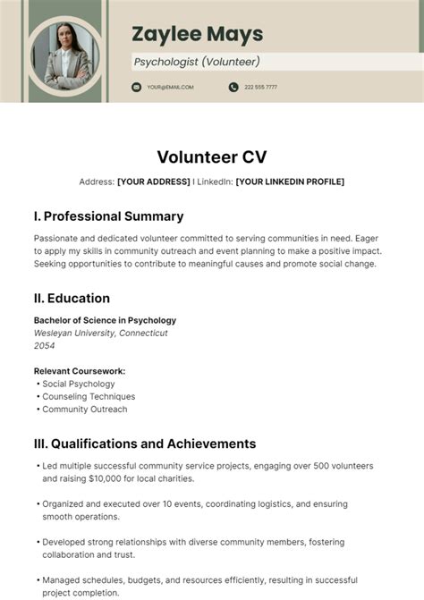Free Volunteer Cv Template To Edit Online