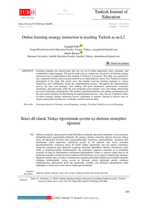 Pdf Online Listening Strategy Instruction In Teaching Turkish As An L2