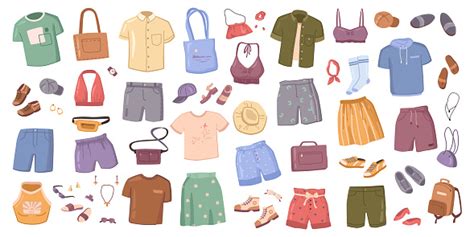 여름 옷과 액세서리 신발과 가방 여행 해변 옷 세트 패션 룩 아이템 벡터 신발과 셔츠 드레스와 모자 양말과 바지 보석과 안경 옷감 직원 가방에 대한 스톡 벡터 아트 및 기타