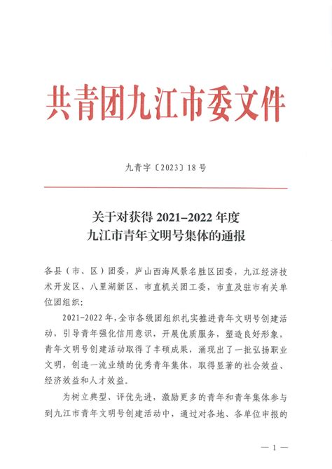 喜报 共青城市5个集体获评九江市青年文明号 年度 力量 青春
