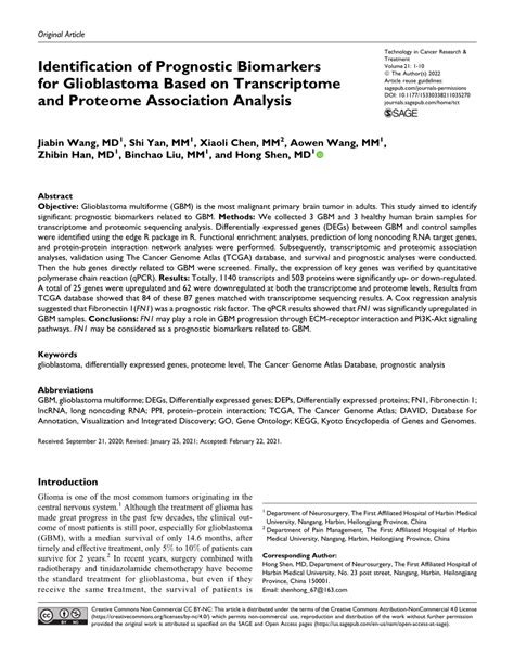 Pdf Identification Of Prognostic Biomarkers For Glioblastoma Based On Transcriptome And