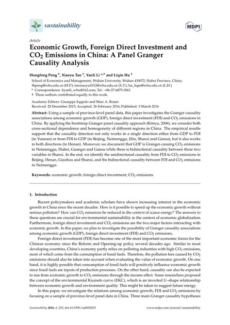 Pdf Economic Growth Foreign Direct Investment And Co2 Emissions In China A Panel Granger