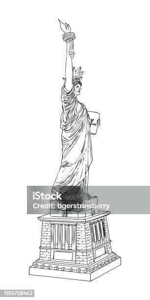 자유의 미국 동상 그림입니다 미국 뉴욕시 유명한 관광 랜드 마크입니다 포스터 또는 전단지 조각 일러스트 요소입니다 프리젠 테이션을위한 미국 기호의 손으로 그린 로고 벡터 0