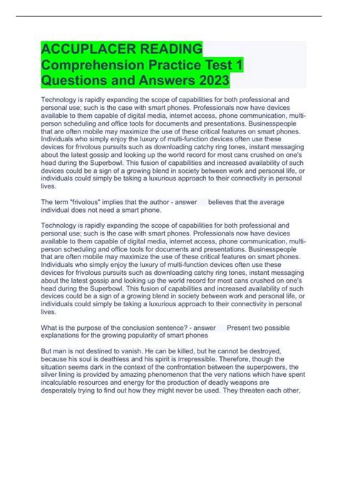 Accuplacer Reading Comprehension Practice Test 1 Questions And Answers