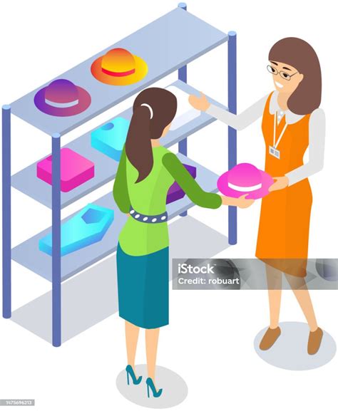 컨설턴트와 함께 매장에서 옷을 고르는 여자 상점 조수는 구매자가 쇼핑몰에서 모자를 선택할 수 있도록 도와줍니다 상점에 대한 스톡 벡터 아트 및 기타 이미지 Istock