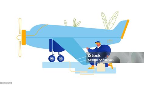 항공기 개념의 수리 및 유지 보수 비행 전에 핸드 펌프 또는 압축기 펌핑 비행기 랜딩 기어와 엔지니어 비행기의 기계 검사 서비스 만화 플랫 벡터 일러스트 개념에 대한 스톡