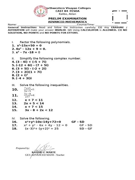 Advanced Math Exam Pdf