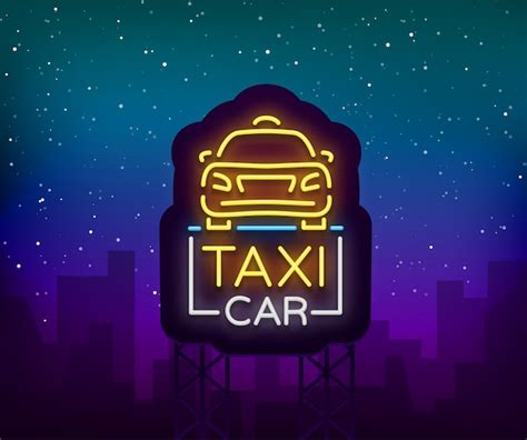 Такси автомобиль дизайн неоновые светящиеся логотипы концепции шаблона ...