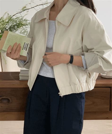 스트라이프 소매 코튼 블루종 점퍼 히든지퍼 루즈핏 레더 자켓 봄 에이블리