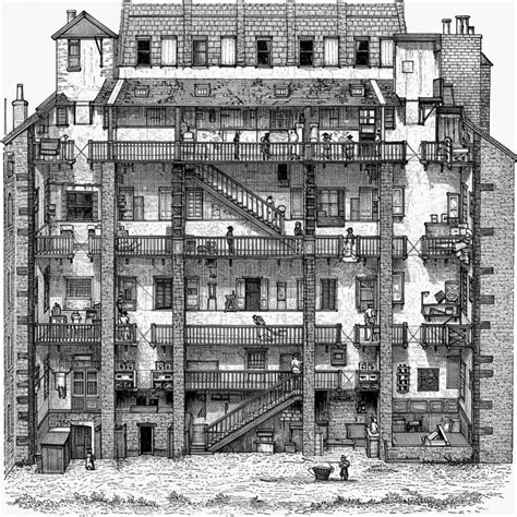 Intricate Cross Section Of A Multi Story Tenement Building Revealing Detailed Interior Stock
