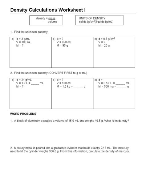 Density Calculations Worksheet I Worksheets Library