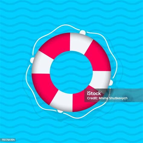 떠 다니는 구명 부 표 파란색 물결 모양의 배경에 빨간색과 흰색 수영 고무 반지 줄무늬 빨간색과 흰색 구명 부 표 주위에 밧줄 Sos 비상 사태 수 중 안전을 위한 장비