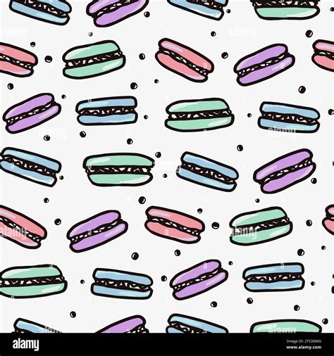 Macaroon Seamless Pattern With Sweet Food Hand Drawn Colorful Cake Vector Illustration