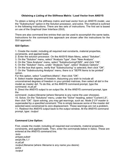 Ansys Obtaining A Listing Of The Stiffness Matrix Pdf Command