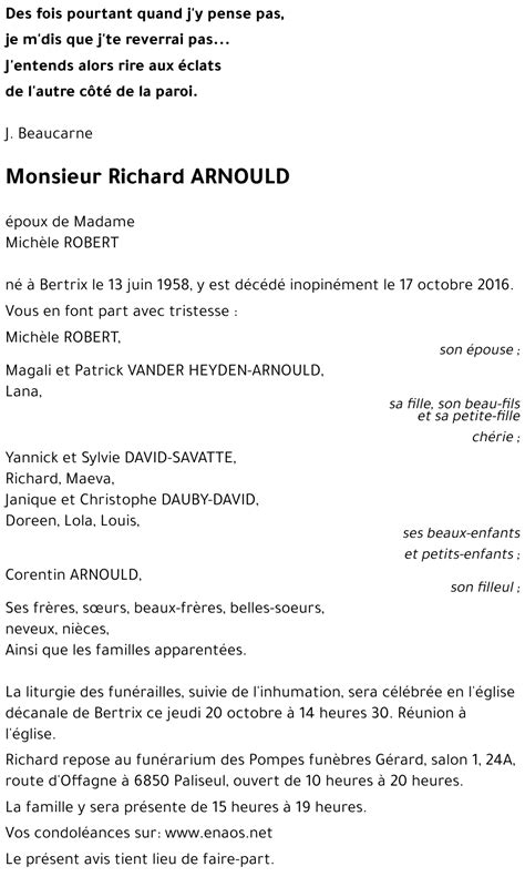 Avis De Décès De Richard Arnould Décédé Le 17 10 2016 à Bertrix Annonce Condoléances Fleurs