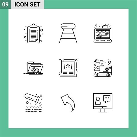 Group Of 9 Modern Outlines Set For Ads Internet App File Backdoor Editable Vector Design