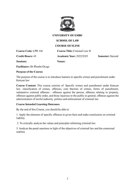 course outline lpr 106 criminal law ii university of embu school of law course outline course