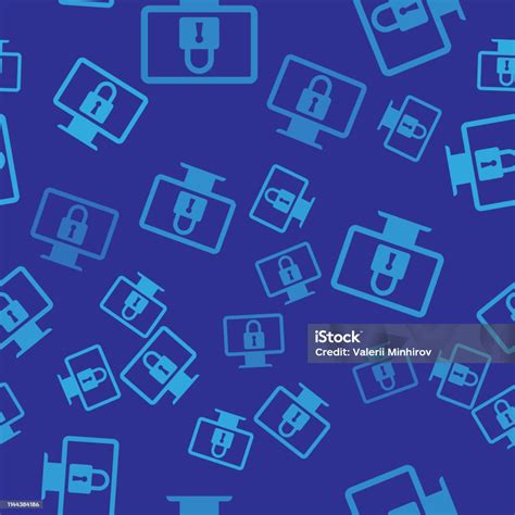 Blue Lock On Computer Monitor Screen Icon Isolated Seamless Pattern On