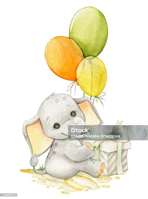 화려한 풍선과 선물이 있는 아기 코끼리의 매력적인 수채화 이미지입니다 어린이 방 장식 보육 예술 베이비 샤워 초대장 및 생일 축하 인사에 이상적입니다 달콤하고 유쾌한 아트