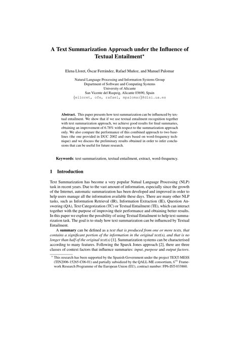 Pdf A Text Summarization Approach Under The Influence Of Textual Entailment