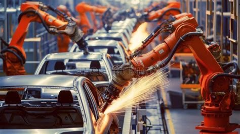 Automobile Assembly Line With Robots And Workers Assembling Cars Stock Image Image Of