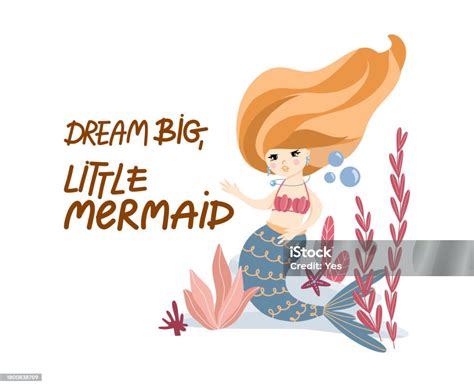 해초 산호 및 바다 생물 중 바다 아래 귀여운 인어 공주와 함께 미리 만들어진 구성 인어에 대한 꿈 큰 인어 공주 레터링 포스터 카드 섬유 인쇄에 대한 벡터 손으로 그린