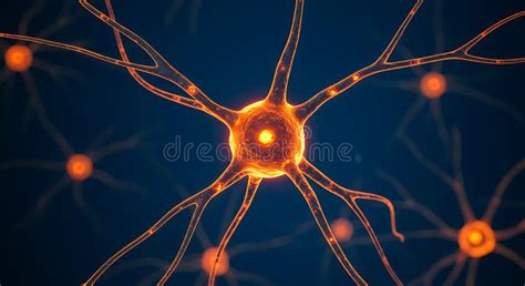 Microscopic View Of A Neuron Cell Network Glowing Orange In The Dark Deep Space Stock