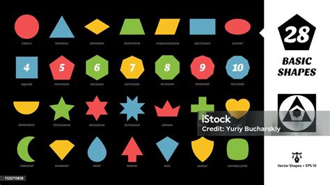 컬러 기본 간단한 실루엣 모양 문양 아이콘 기하학적 수치와 검은 배경 설정 원형 삼각형 사각 마름모 사다리꼴 평행 사변형 사각형 타원 및 더 많은 0명에 대한 스톡 벡터