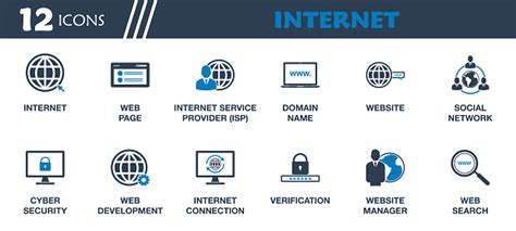 인터넷 아이콘 세트입니다 인터넷 연결 웹 사이트 웹 페이지 Isp 소셜 네트워크 사이버 보안 도메인 이름 및 기타 아이콘 모음