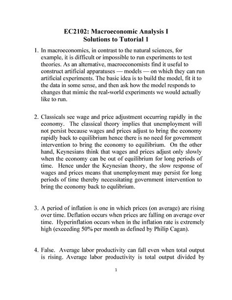 Ec2102 Tutorial 1 Answers Ec2102 Macroeconomic Analysis I Solutions To Tutorial 1 1 In