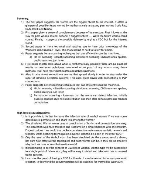 Internet Worm Cs 254 Paper Reviews Summary 1 The First Paper Suggests The Worms Are The