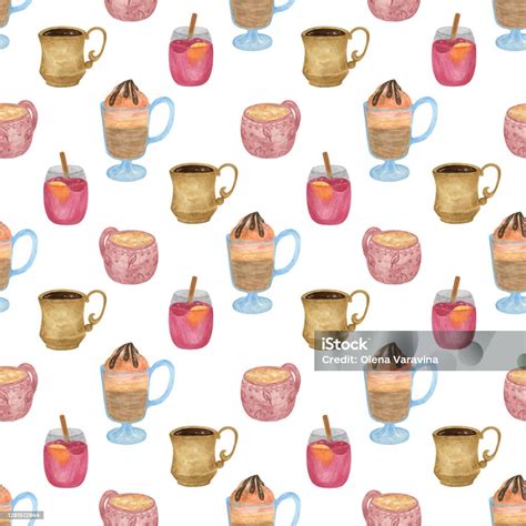 겨울 따뜻한 음료 컵과 안경 수채화 일러스트의 반복 패턴 식품 디저트 이미지 메뉴 인사말 카드 겨울 휴일 축하 디자인 심플한 패턴 갈색에 대한 스톡 벡터 아트 및 기타