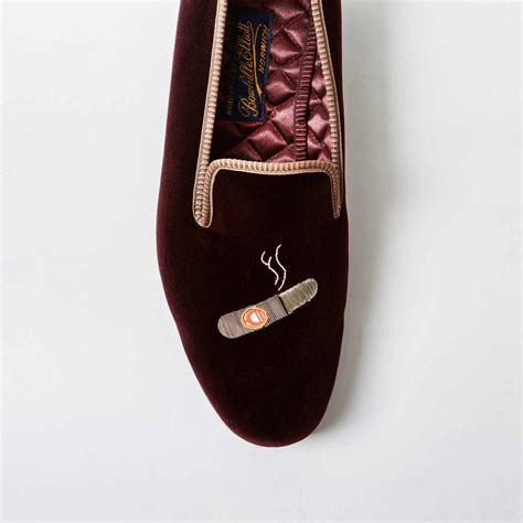 Brown Velvet Albert Slippers With Embroidered Cuban Cigar Bowhill