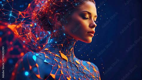 Schematic Woman And A Man Full Body Structure Made Of Glowing Geometric Pattern With Small Dot