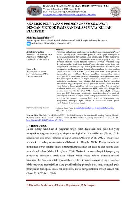 PDF Analisis Penerapan Project Based Learning Dengan Metode Pameran Dalam Mata Kuliah Statistik