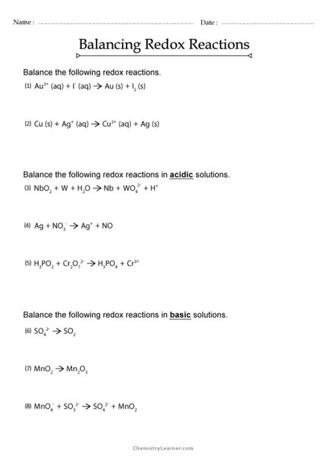 Free Printable Balancing Redox Reactions Worksheets