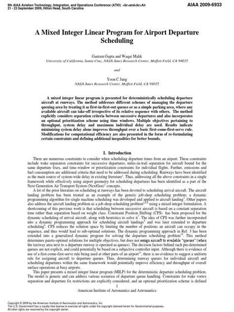 A Mixed Integer Linear Program For Airport Departure Scheduling Pdf Mathematical