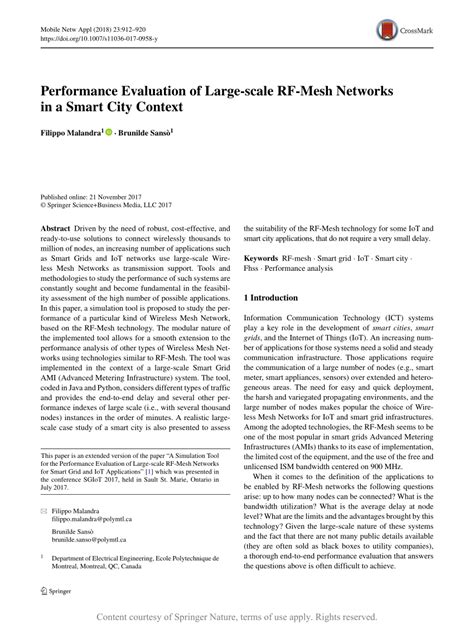 Performance Evaluation Of Large Scale Rf Mesh Networks In A Smart City Context Request Pdf