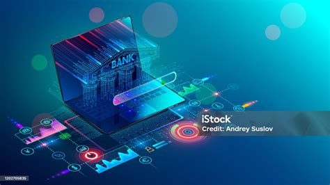 온라인 인터넷 뱅킹 3d 아이소메트릭 배너 숫자 행렬로 구성된 열이 있는 은행 건물이 랩톱 화면에 표시됩니다 모바일 장치에서 웹 사이트를 통해 사용할 수있는 금융 서비스